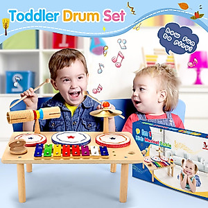 Kids Drum Set, Baby Musical Instruments Toys for Toddlers, 9 in 1 Wooden Xylophone Toddler Drum Set Percussion Instruments Musical Toys Birthday Gifts for Children Boys and Girls