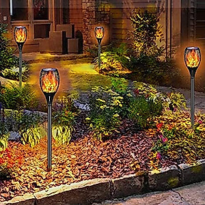 Solar Landscape Path Garden Lights Outdoor 3 in 1 Adaptors Deck Lighting Fence Post Light Dancing Flickering Flame Torch LED Wall Lamp Waterproof for Yard Porch Patio 4 Pack