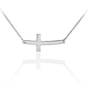 14K White Gold Sideways Curved Cross Necklace - 16" Rolo Chain