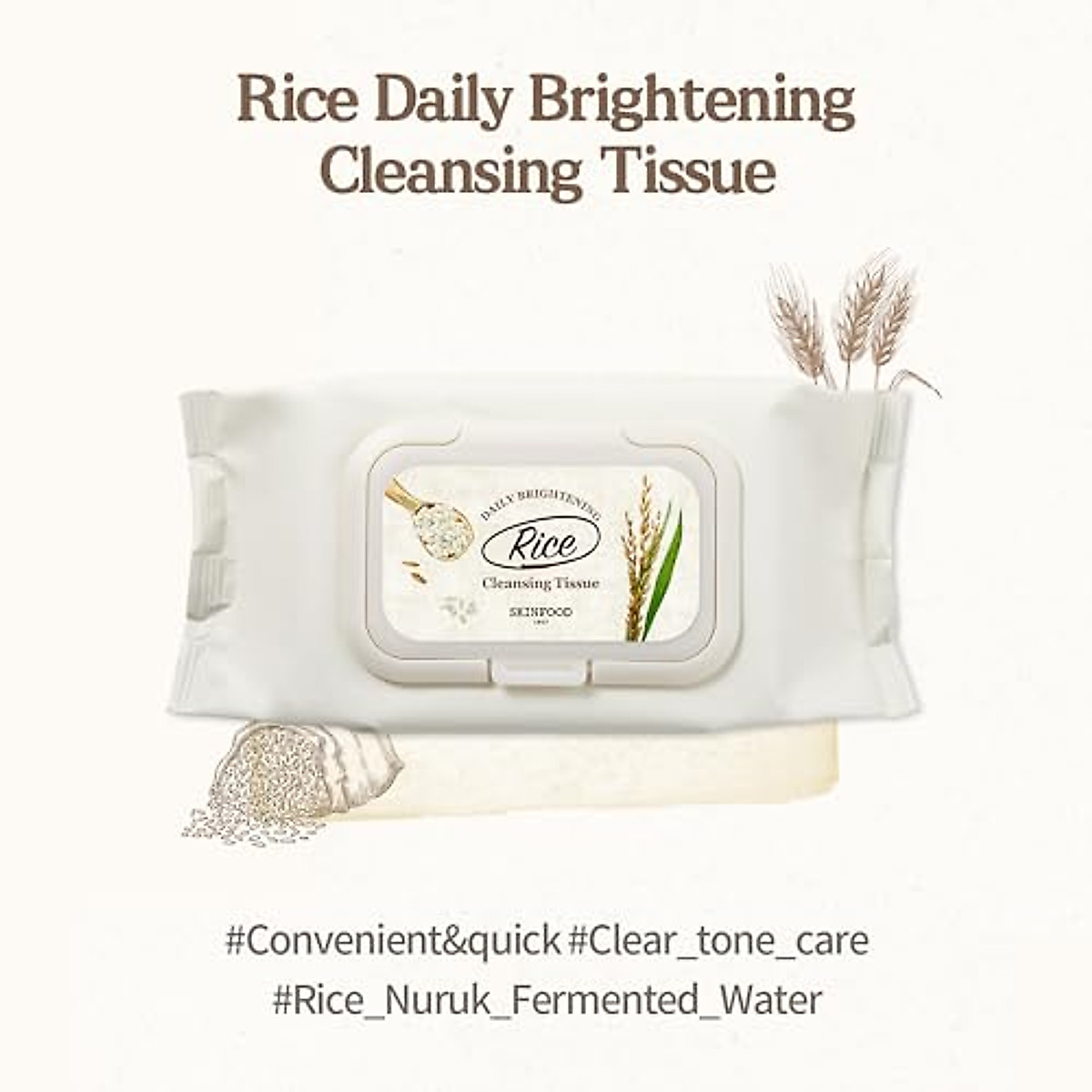 SKINFOOD Rice Cleansing Wipes - Daily Hypoallergenic Rice Nourishing Makeup Remover Tissue Wipe - Facial Skin Clear & Refreshed - Korean Beauty Face Wipes for Women - Travel Makeup Wipes (80 Sheets)