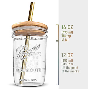 Reusable Boba Bubble Tea & Smoothie Cups - 2 Glass Wide Mouth 16oz Mason Jars with Bamboo Lids - 2 Reusable Gold Stainless Steel Boba Straws