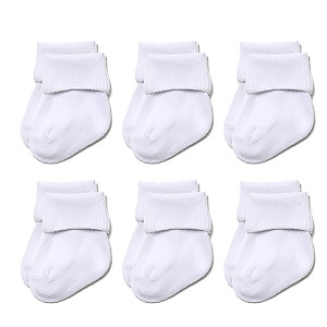 EPEIUS Unisex-Baby Socks Newborn Girl Seamless Turn Cuff Socks Cotton Rich Baby Boy Booties Socks White 6 Pair Pack,0-3 Months