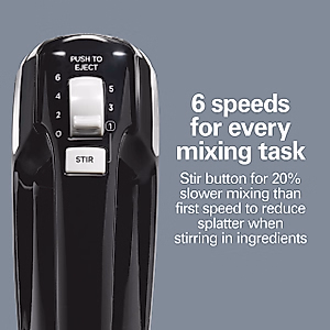 Hamilton Beach Electric Hand Mixer, 6 Speeds + Stir Button, 300 Watts of Peak Power for Powerful Mixing, Includes Whisk and Storage Clip, Black (62628)