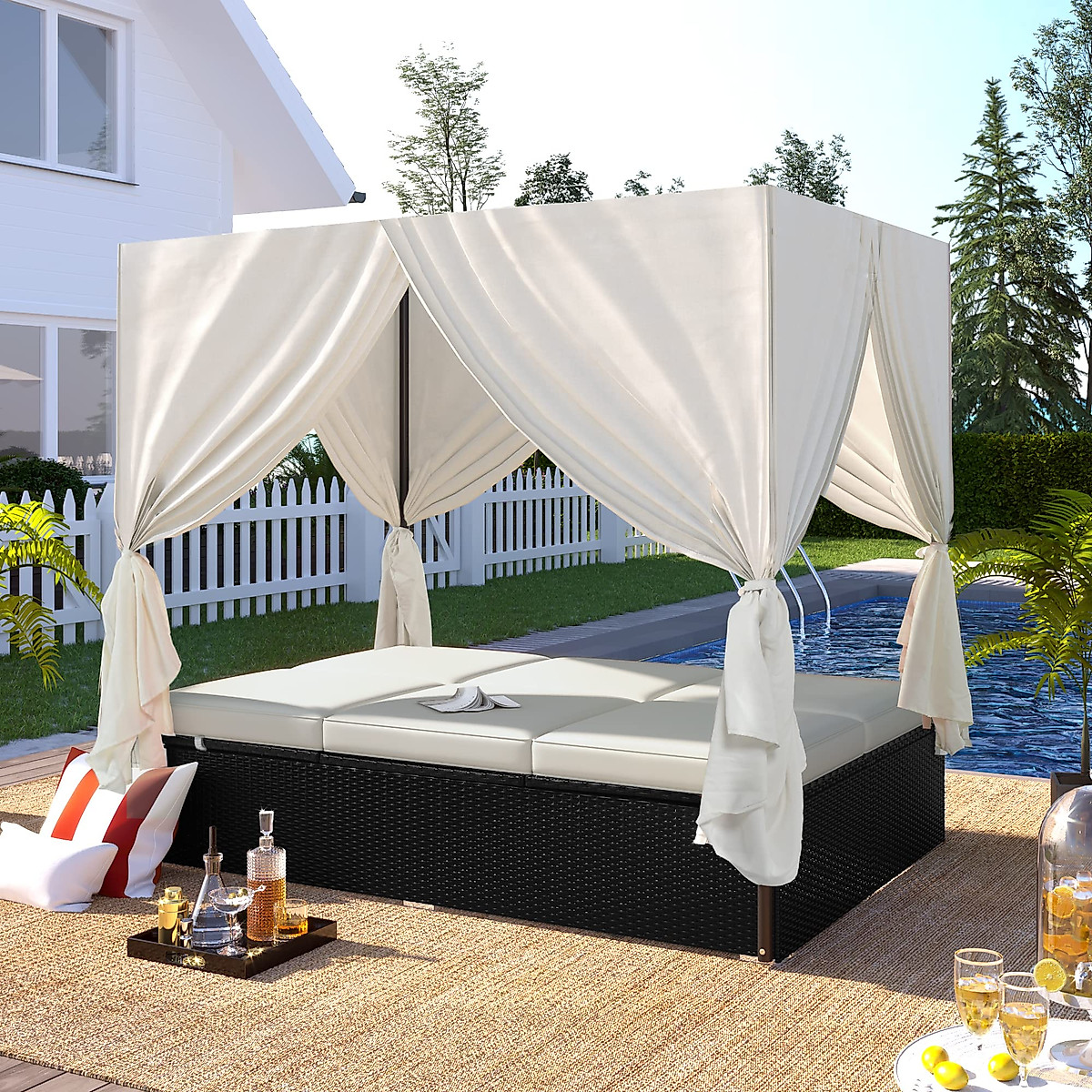 Bellemave Outdoor Patio Wicker Sunbed Daybed with Side and Overhead Curtains,Wicker Rattan Sunbed with Four-Sided Canopy and Adjustable Seats for Balcony Garden Backyard Poolside(Beige)