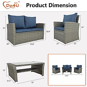 Do4U 4 Pieces Patio Furniture Sets Outdoor Sectional Wicker Set Outdoor Conversation Set Patio Set Patio Loveseats with Coffee Table Porch, Poolside, and Yard (Grey-Blue)