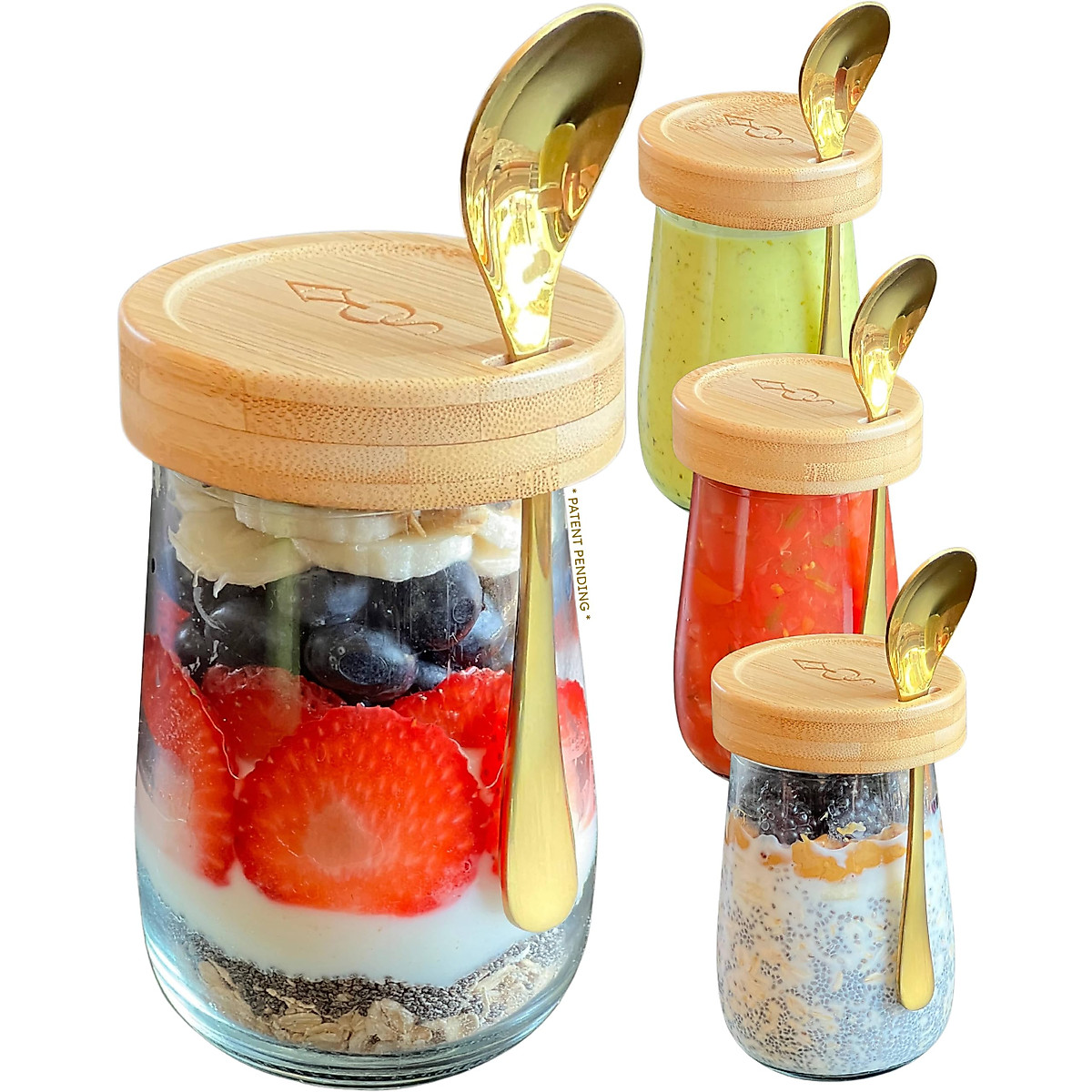 AYOS Premium Overnight Oats Containers with Bamboo Lids and Golden Spoons - 16 oz Glass Jars - 4 pack - Plastic Free