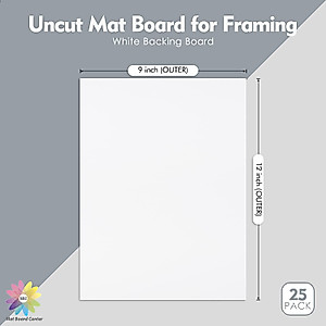Mat Board Center, 25 Pack 9x12 Uncut Photo Mat Boards, White Color Backing Matt Board Great for Arts, Frames, Photos, Prints
