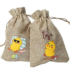 DIYASY 36 Pcs Easter Burlap Goody Bags,Egg Bunny Chick Treat Drawstring Linen Bags for Easter Party Favor.