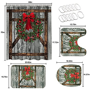 Likiyol 4 Pcs Christmas Wooden Door Shower Curtain Sets with Non-Slip Rugs, Toilet Lid Cover, Bath Mat and 12 Hooks, Christmas Bow Knot with Pine Cone Shower Curtain Christmas Bathroom Set