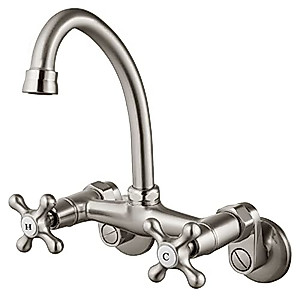 Aolemi Wall Mount Kitchen Faucet Brushed Nickel 6 Inch Center Commercial Mixer Tap with Swivel Spout Double Cross Handle Utility Sink Faucets 3 to 9 Inch Adjustable Hole Distance