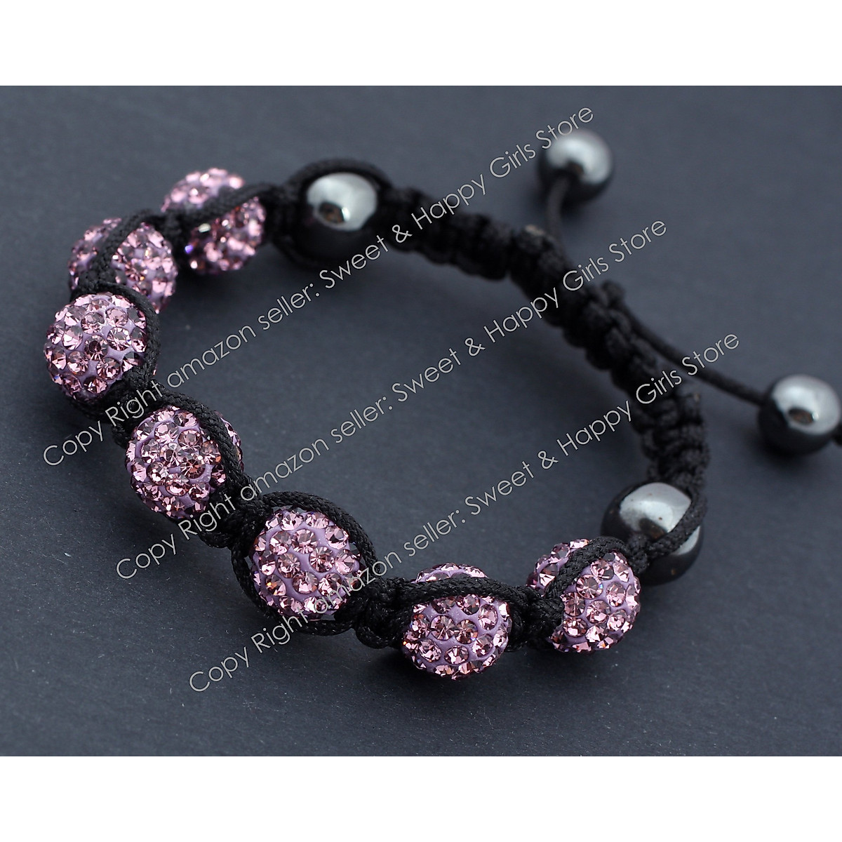 Shamballa Style Jewelry 7 Beads Purple Pave Sparkle Crystal Ball Hand-Woven Bracelet Adjustable 7 Beads