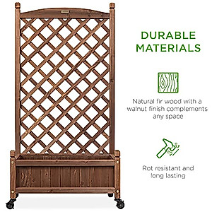 Best Choice Products Set of 2 48in Wood Planter Box & Diamond Lattice Trellis, Mobile Outdoor Raised Garden Bed for Climbing Plants w/Drainage Holes, Optional Wheels - Walnut