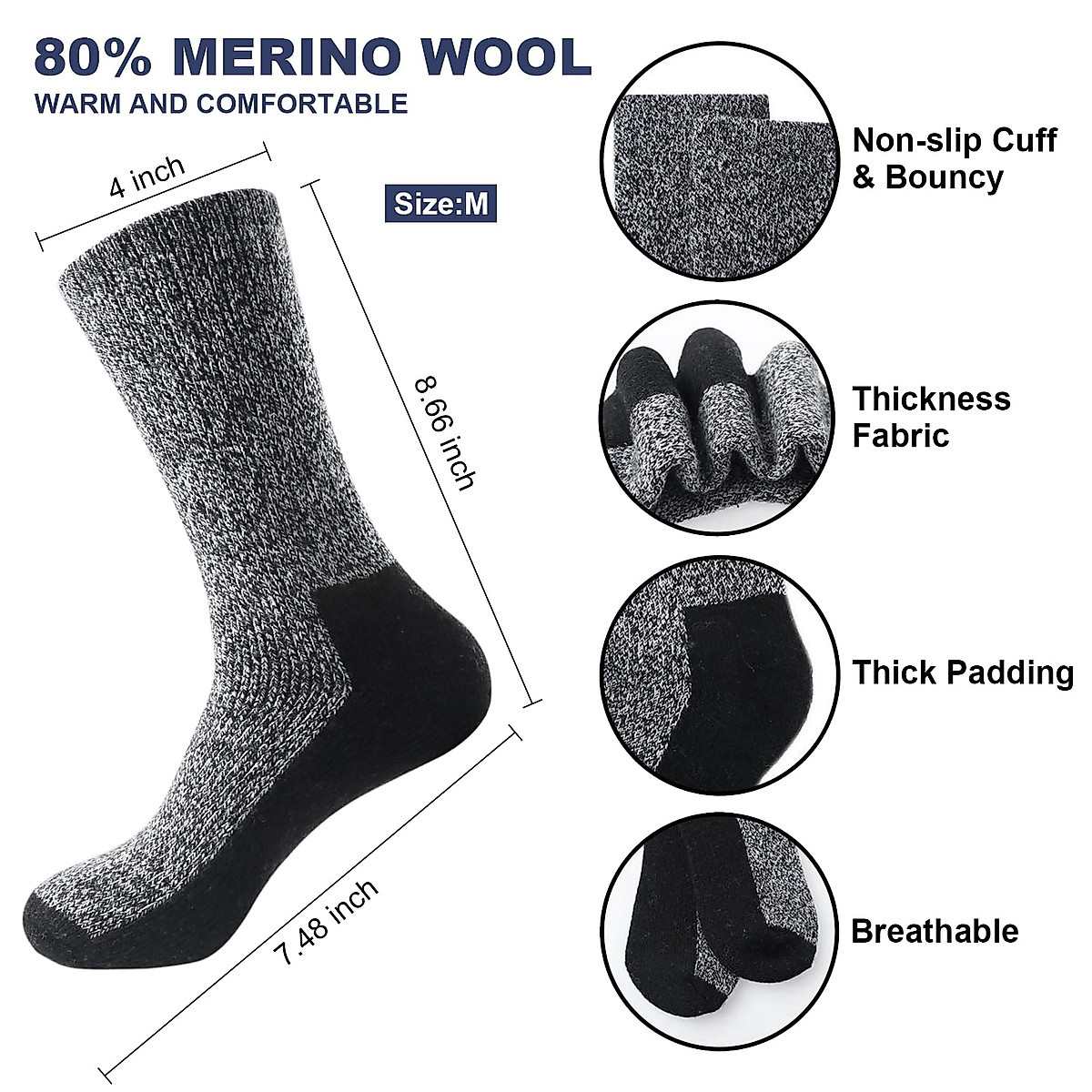 Loritta 2 Pack Merino Mens Wool Socks, Winter Warm Thermal Socks for Men Cold Weather