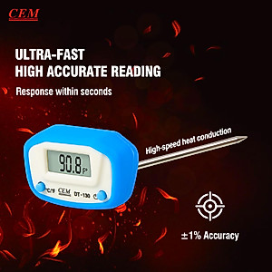 CEM Instant Read Digital Meat Thermometer for Food, Bread Baking, Water, and Liquid. Waterproof and Long Probe with Meat Temp Guide for Cooking, Display with Backlit DT-130(Blue)