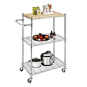 LIRUXUN 3 Tier Kitchen & Microwave Trolley 60x35x85CM Storage Rack Wood & Chrome Utility Storage Trolley