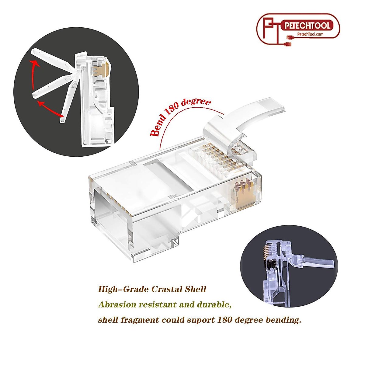 PETECHTOOL RJ45 CAT6 Connector End Pass Through Ethernet Cat6 Ends 8P8C Modular Plug for Solid or Stranded UTP Ethernet Cable （ 100 Packs - with Wire Stripper