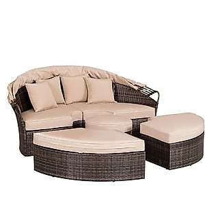 Betterland Outdoor Furniture Patio Round Daybed with Retractable Canopy, Brown Wicker Clamshell Sectional Seating with Cushions for Patio, Backyard, or Porch, Pool Round Bed
