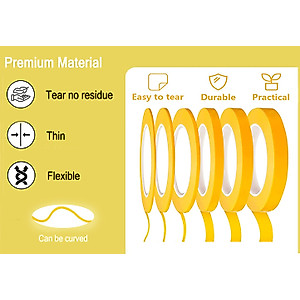6 Rolls Fine Line Tape, Automotive Yellow Painters Tape 1/16, 1/12, 1/8, 1/4, 1/2 and 3/4 Inch x 52 Yard, Fineline Masking Tape for Car Vehicles Auto Paint Art