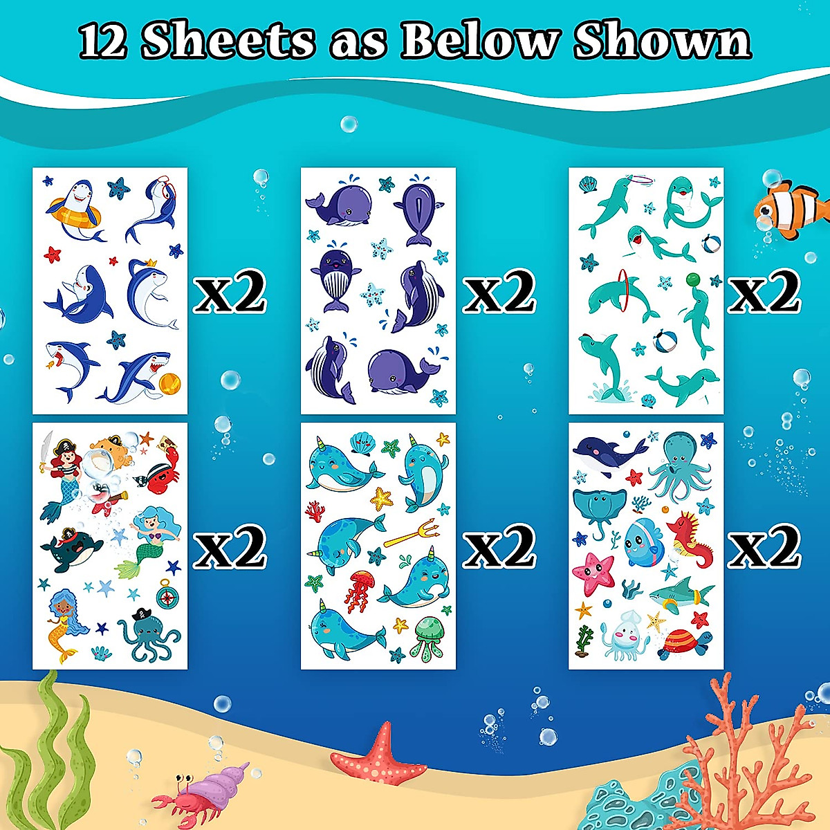 Partywind Luminous Blue Under Sea Temporary Tattoos for Kids, 170 Styles Glow Ocean Beach Pool Birthday Party Decorations Supplies Favors, Fake Tattoo Stickers for Kids Gifts (12 Sheets)