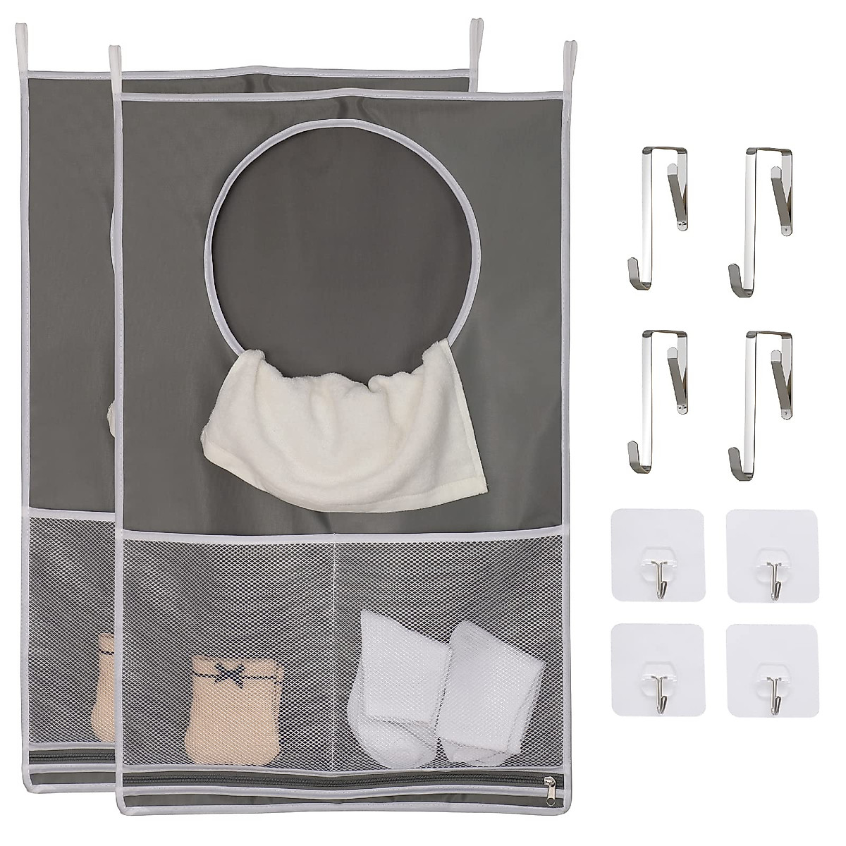 JINOKADI Over the Door Laundry Hamper 2 Pack - Portable, Waterproof, Foldable Laundry Bags with Stainless Steel Hooks, Ideal for Bedrooms, Bathrooms, Living Rooms