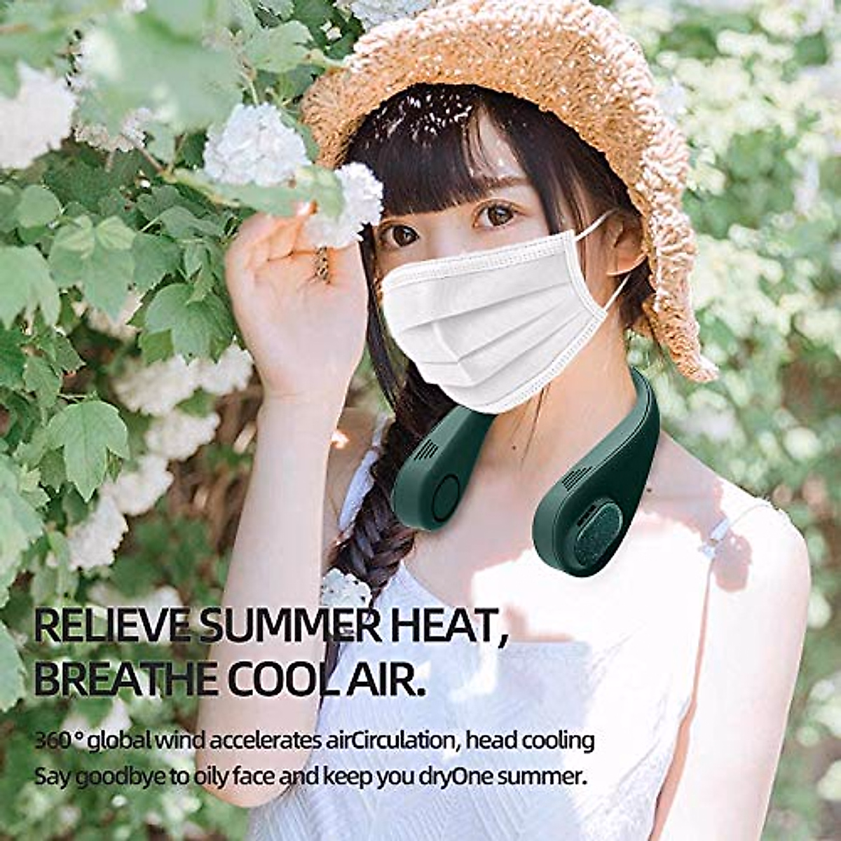 Kesntto Cooling Hanging Neck Fan, Portable Operated Wearable Personal Fan, Free Adjustment USB Rechargeable Neck Fan, Hands Free Bladeless Neck Fan - 3 Wind Speed, White