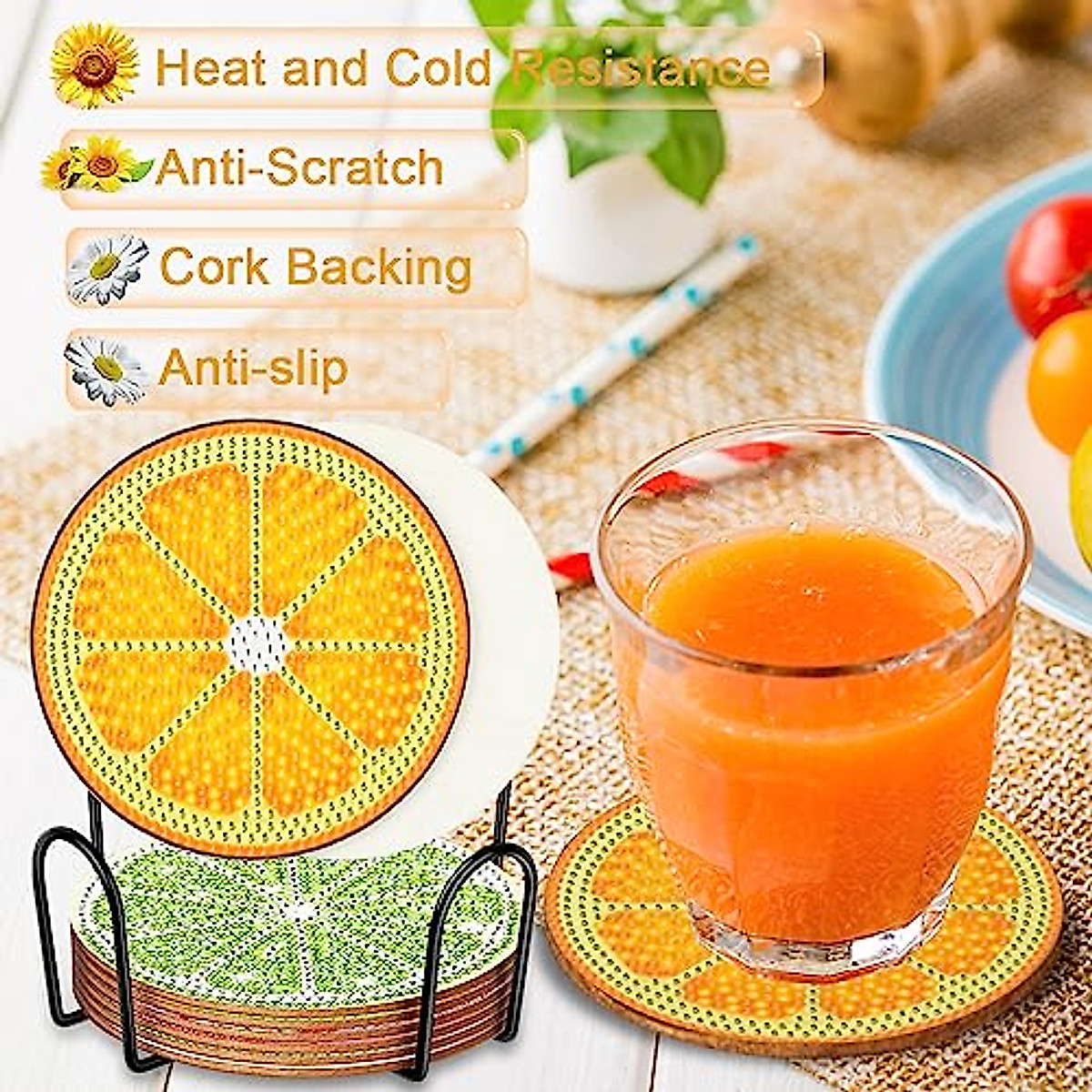 Ninonly Fruit Diamond Painting Coasters 8 Pcs with Holder DIY Diamond Art Coaster for Adults Kids Beginners Diamond Painting Kits Crafts Kit for Drinks