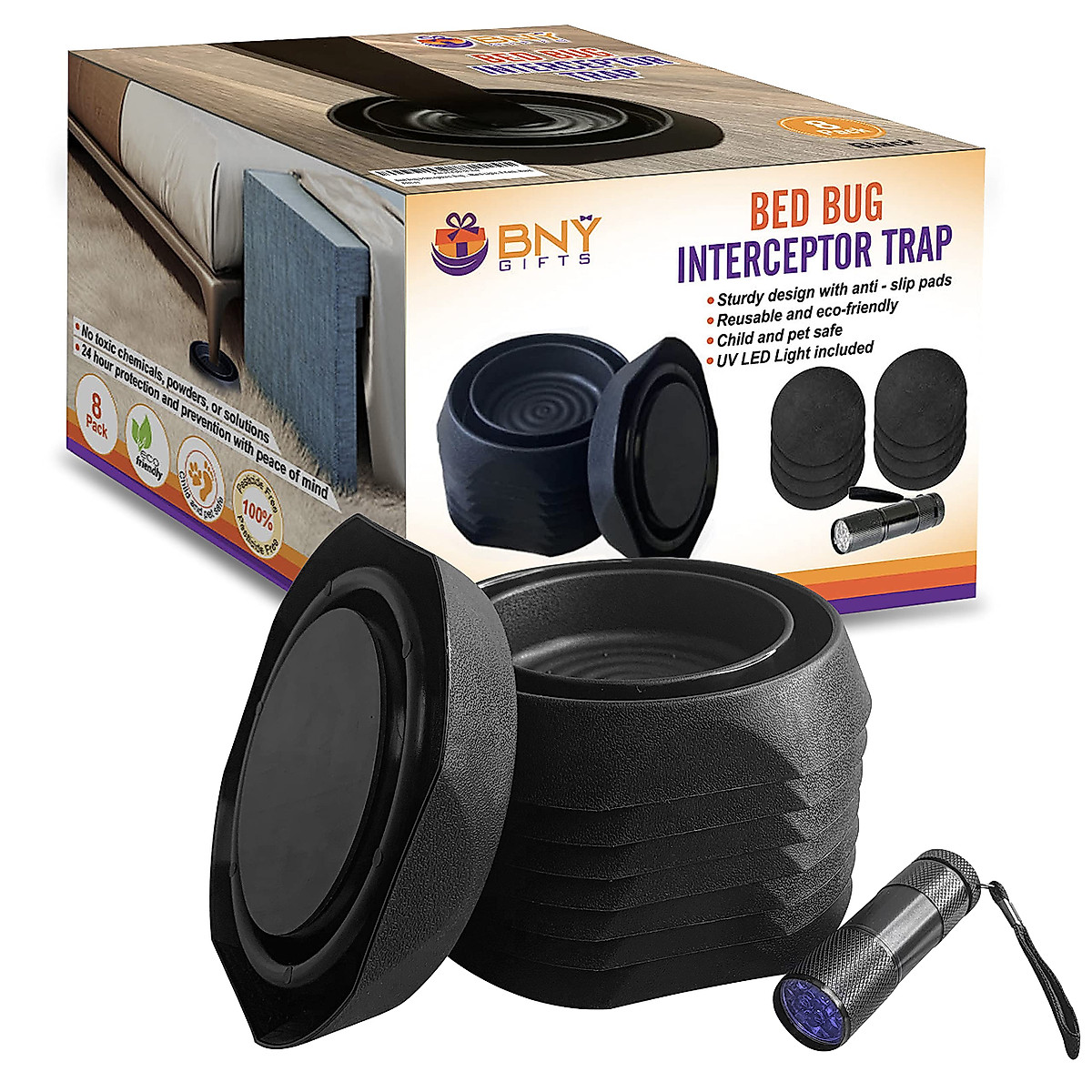 Bed Bug Interceptors, Bug Detector and Bed Bug Trap, with Anti Skid Pads and Black Light, 8 Pack, Black