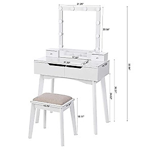 BEWISHOME Makeup Vanity Set with Lighted Mirror with 10 LED Bulbs, Makeup desk with 4 Drawers 2 DIY Dividers Removable Makeup Organizer & Cushioned Stool, White Table FST10W
