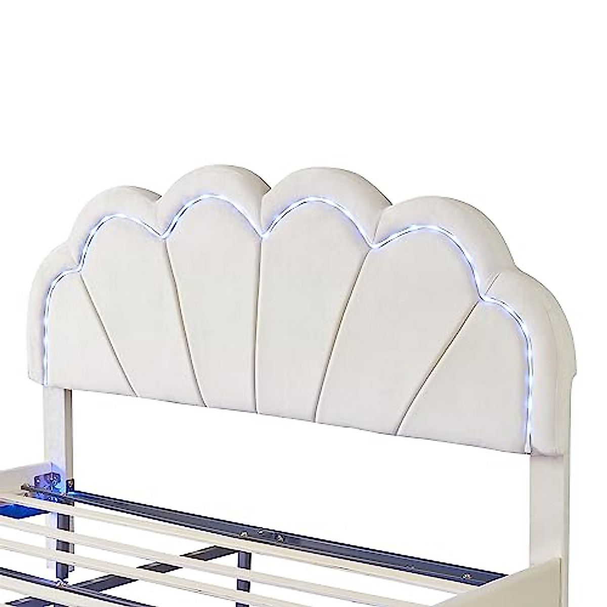 HZXINKEDZSW Queen Upholstered Bed with Elegant Flowers Headboard,Floating Velvet Platform Bed with Wooden Slats Support,Upholstered Smart LED Bed Frame for Kids Boys Girls Bedroom (Beige, Queen)