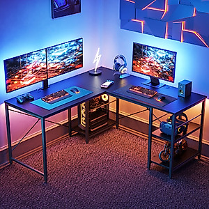 Bestier L Shaped Gaming Desk with Shelves 95.2 Inch Reversible Corner Computer Desk or 2 Person Long Table for Home Office Large Writing Storage Workstation P2 Board with 3 Cable Holes, Carbon Fiber