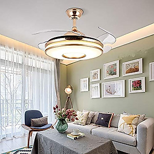 42 Inch Modern Golden Ceiling Fan with Light and Remote Control Bluetooth Music Playback Function 3 Colors 3 Speed Smart Ceiling Fan Light Kit LED Chandelier Ceiling Fan for Living Room Bedroom (Wave)