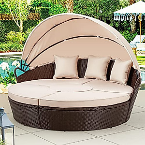 AECOJOY Outdoor Daybed with Canopy, Patio Daybed with Washable Cushions and 3 Extra Pillows, Rattan Wicker Separated Seating Sectional Sofa for Patio Lawn Garden Backyard Porch Pool