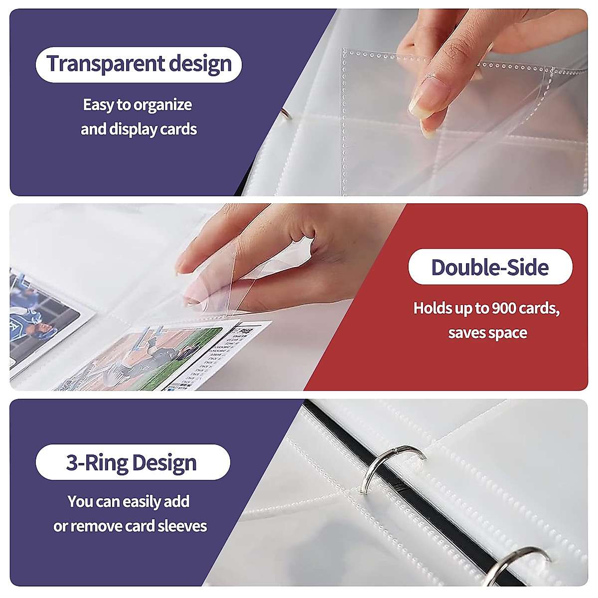 WeoTca 900 Pockets Baseball Card Binder, 9-Pocket Card Collections Trading Card Binder 50 Pages Double-Sided Cards Holder with Zipper 3-Ring Card Album for Sports Baseball Card Sleeves Protectors