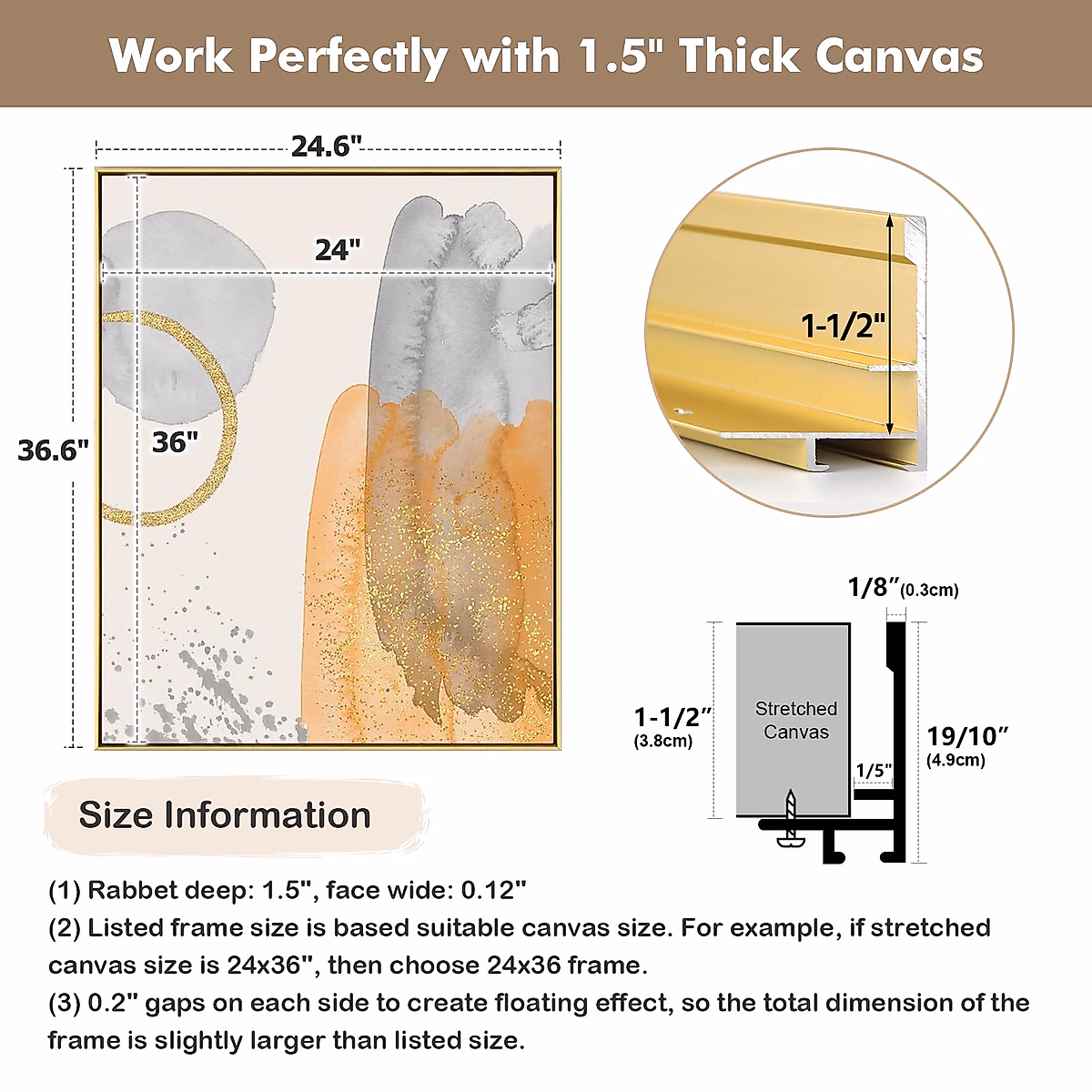 Floating Frame for 16x20 Canvas Paintings, DIY Metal Canvas Frame with 1.5" Deep, Modern Floater Frame for Oil Paintings Portrait Landscape Living Room Bedroom Home Office Wall Art Decor (Gold)