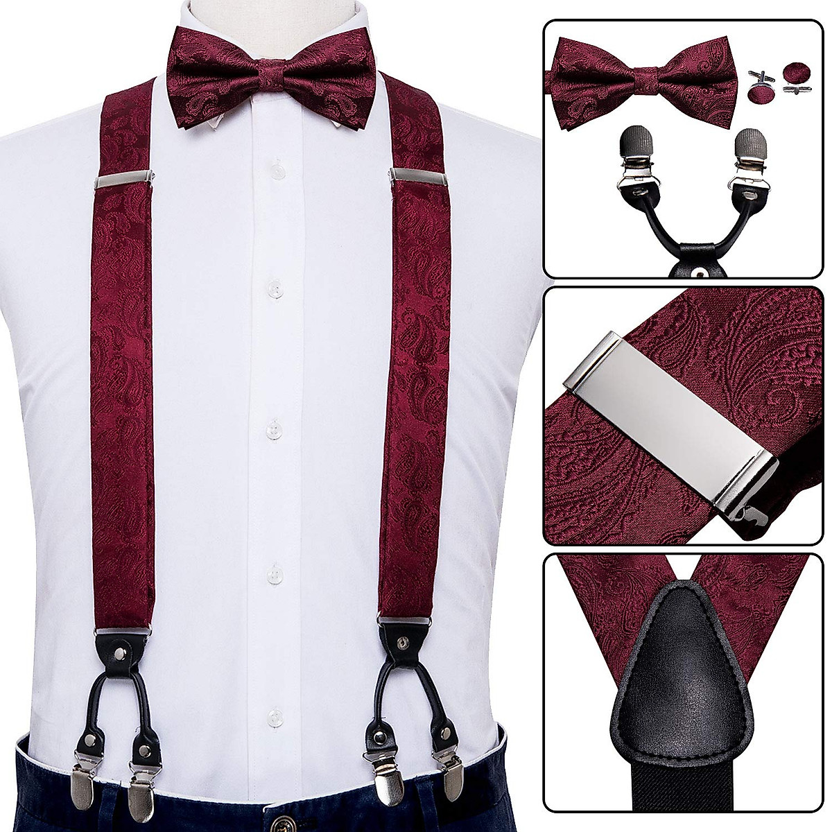 YOHOWA Mens Suspenders Set 6 Clips Strength Adjustable Y-Back Burgundy Braces Pre-Tied Bow Tie Formal Wedding Party