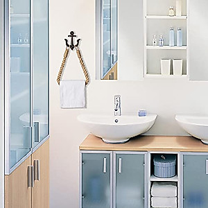 Nautical Hand Towel Holder - Thick Hemp Rope with Heavy Anchors,Beach Theme Decoration,Bamboo As A Rolling Shaft,Toilet Paper,Towel,Bath Towel or Shower Curtain Can be Hung,Hemp Rope 24 in,Set of 2