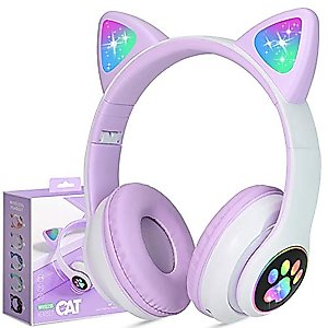 Wireless Headphones TCJJ Cat Ear LED Light Up Bluetooth Foldable Headphones Over Ear w/Microphone for Online Distant Learning (Purple)