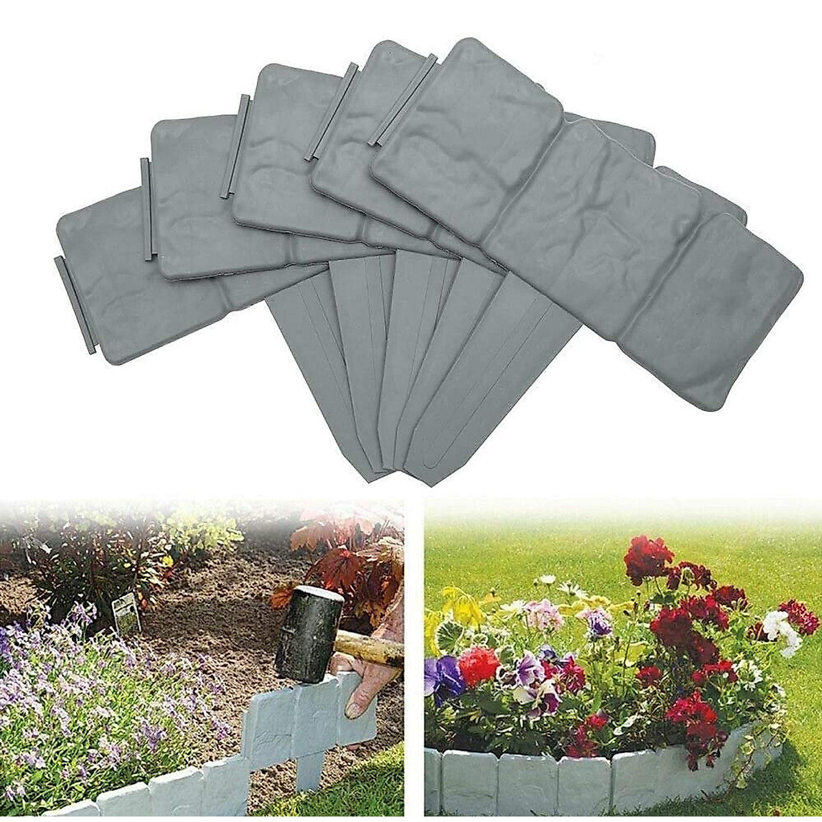 RZMY 40Pcs Garden Edging Border,DIY Stone Effect Plastic Palisade Fence Gray Decorative Flower Bed Interlocking Outdoor Lawn Border(32.8')