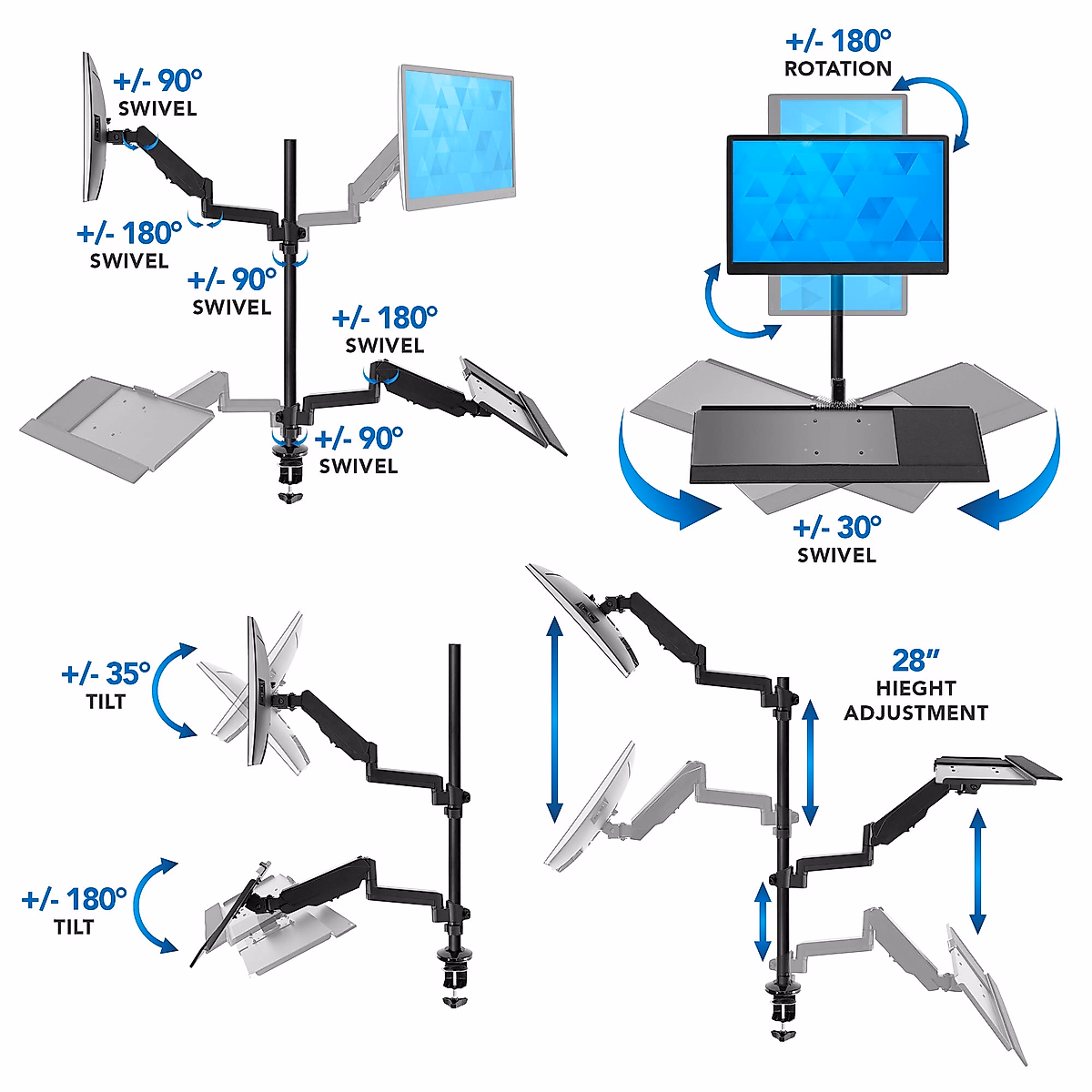 MOUNT-IT! Sit Stand Monitor Desk Mount [Fits 32" Screens] Height Adjustable, Full-Motion Articulating Arm with Keyboard Tray and Cable Management (Black)