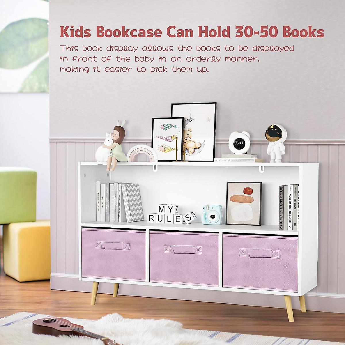 BAOMKONG Kids Bookcase and Bookshelf Multi Shelf Cubby with Collapsible Fabric Drawers Kid's Bookshelf and Toy Storage Organizer for Playroom Nursery Children's Room School, White+Pink