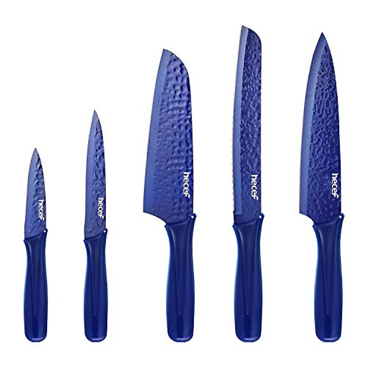 hecef Galaxy Blue Kitchen Knife Set of 5, Non-slip Metallic Ceramic Coated Chef Knife Set, Hammered Blade with Plastic Handle and Protective Blade Sheath