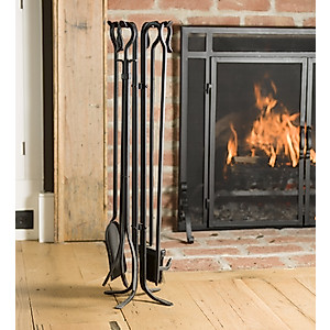 Plow & Hearth Tall 5 Piece Hand Forged Iron Fireplace Tool Set with Poker, Tongs, Shovel, Broom, and Stand 7-in Diam. x 32.5 H Black