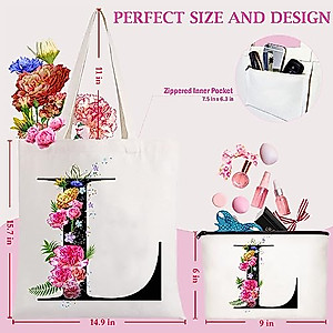 Andeiltech Initial Canvas Tote Bag Floral Letter Personalized Makeup Bag Monogrammed Gift for Bridesmaids Birthday Wedding