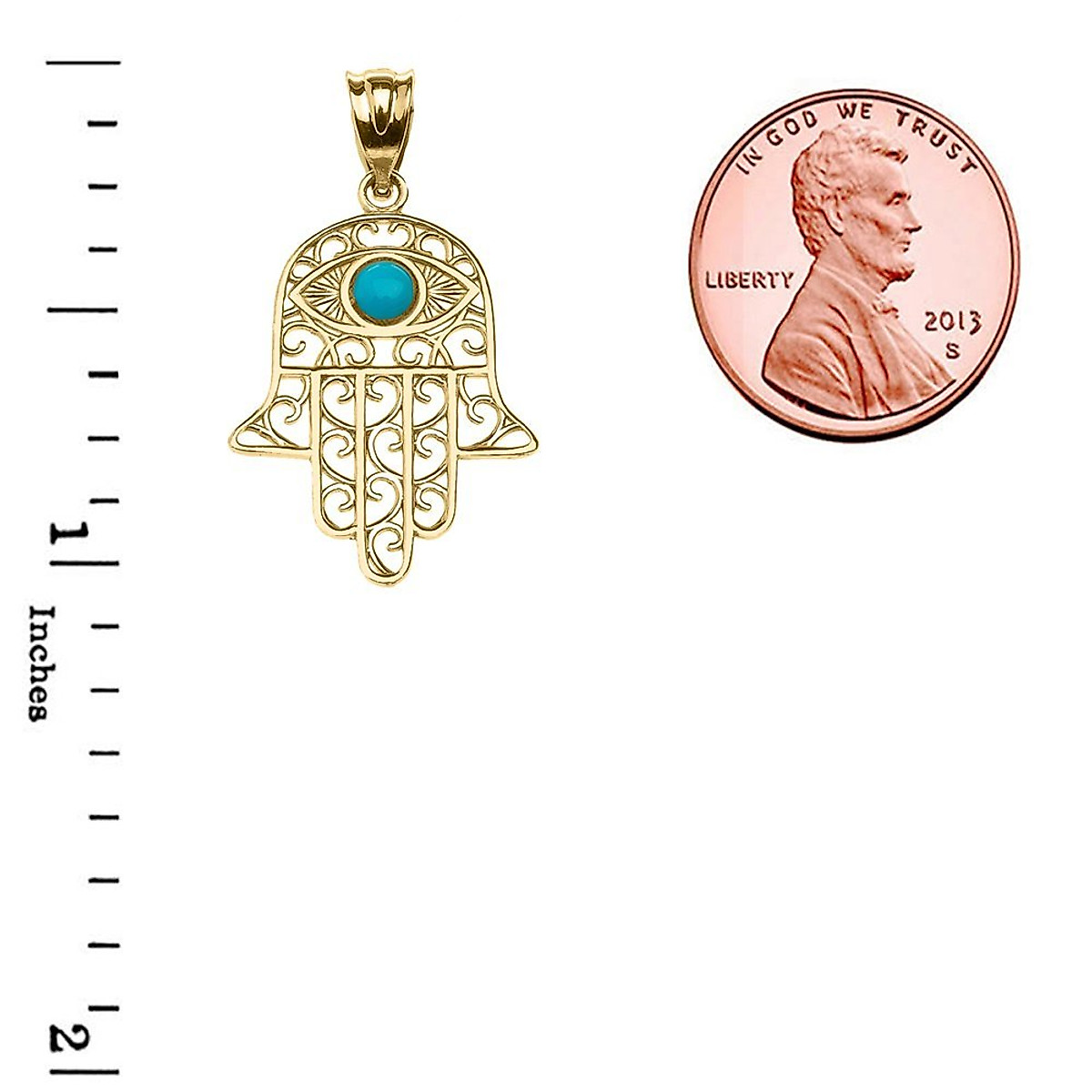 Fine 10k Yellow Gold Hamsa Hand with Blue Stone Evil Eye Pendant