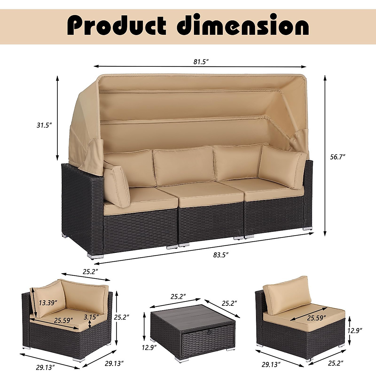 TITIMO 6 Pieces Patio Furniture Set Outdoor Conversation Set Daybed with Retractable Canopy Patio Sectional Rattan Sofa Set W/Adjustable Backrest and Table for Poolside (Brown)