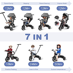 besrey Toddler Tricycle with Push Handle, Tricycle for toddlers 1-3， Baby Tricycle， Kids Tricycle, Tricycle Stroller with Push Handle, Trike for Toddlers, All Terrain Rubber Wheel, 360° Swivel Seat