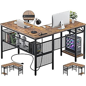 L Shaped Desk with USB Charging Port and Power Outlet, Reversible L-Shaped Corner Computer Desks with Storage Shelves, Industrial 2 Person Gaming Table Modern Home Office Desk