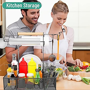 Grill Caddy for Camping Accessories, Picnic Condiment Caddy, BBQ Caddy Mesh Basket with 2 Paper Towel Holders & 6 Hanging Hooks, Kitchen Storage Organizer for Camping, Picnic, Buffet, Grill, Part