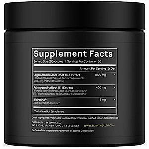 ELMNT 40,000mg 40x Strength Organic Black Maca Root w. Ashwagandha - Highest Potency Black Maca Root Capsules for Men with 100% Pure Maca Peruana Powder Organic, Gelatinized, Non-GMO - 60 Pills