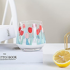 Daveinmic 12oz Wine Glass cup,Tulip Flowers Decal Stemless Wine Glass for Hot Coffee or Cold Drinks-Iced Latte, Whiskey, Juice(B)